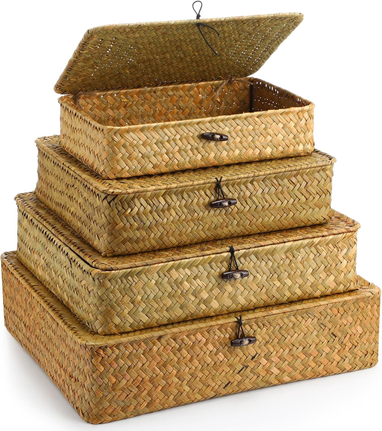 Set of 4 Seagrass Basket with Lid Wicker Storage Basket Decorative ...