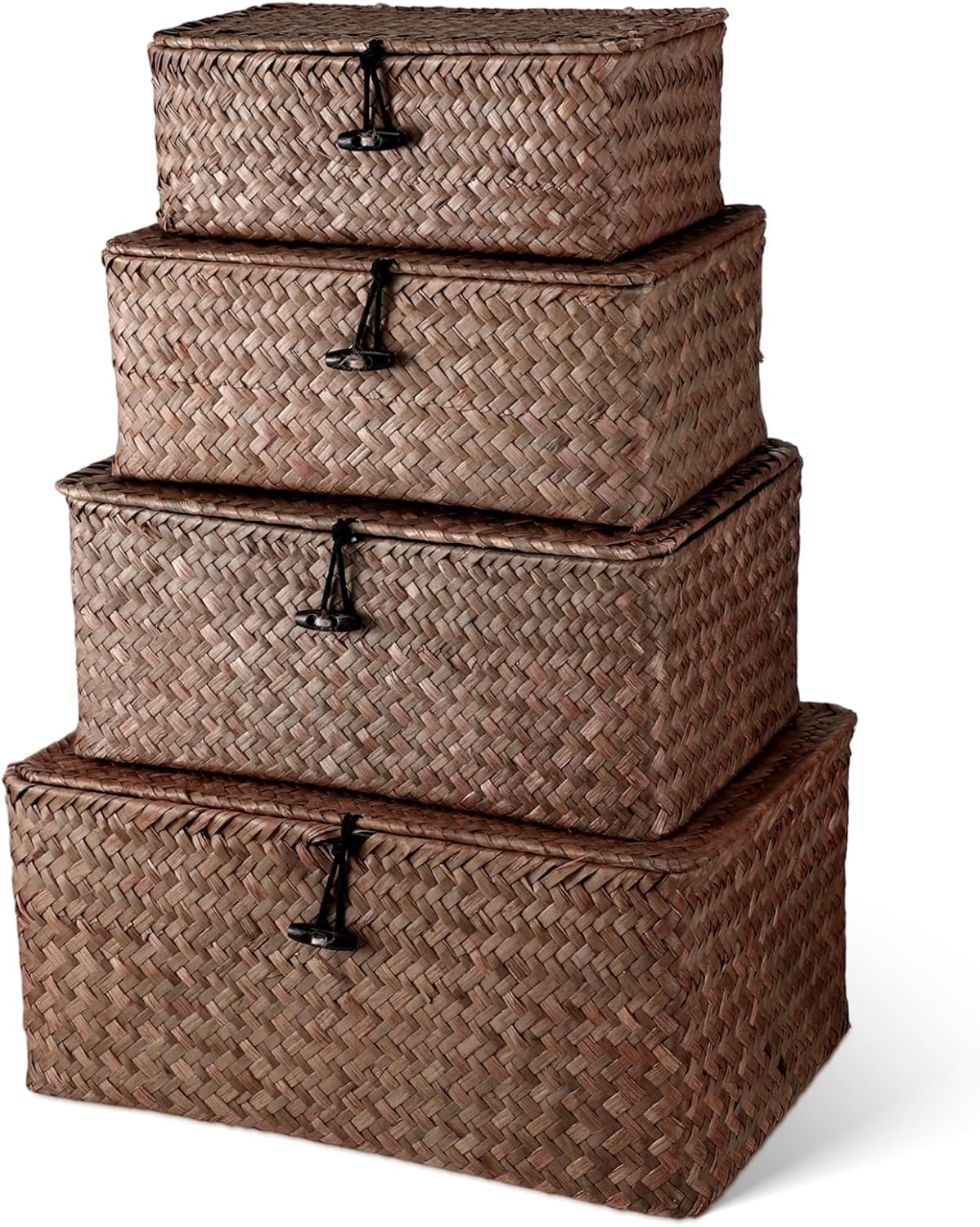 Set of 4 Seagrass Basket with Lids Rattan Wicker Storage Basket Handwoven Decorative Storage ...