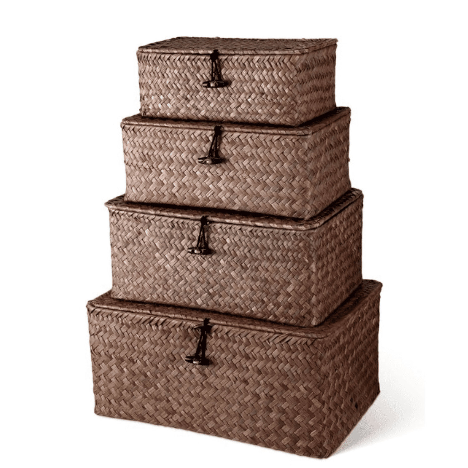 Set of 4 Seagrass Basket with Lids Woven Rattan Wicker Storage Basket ...