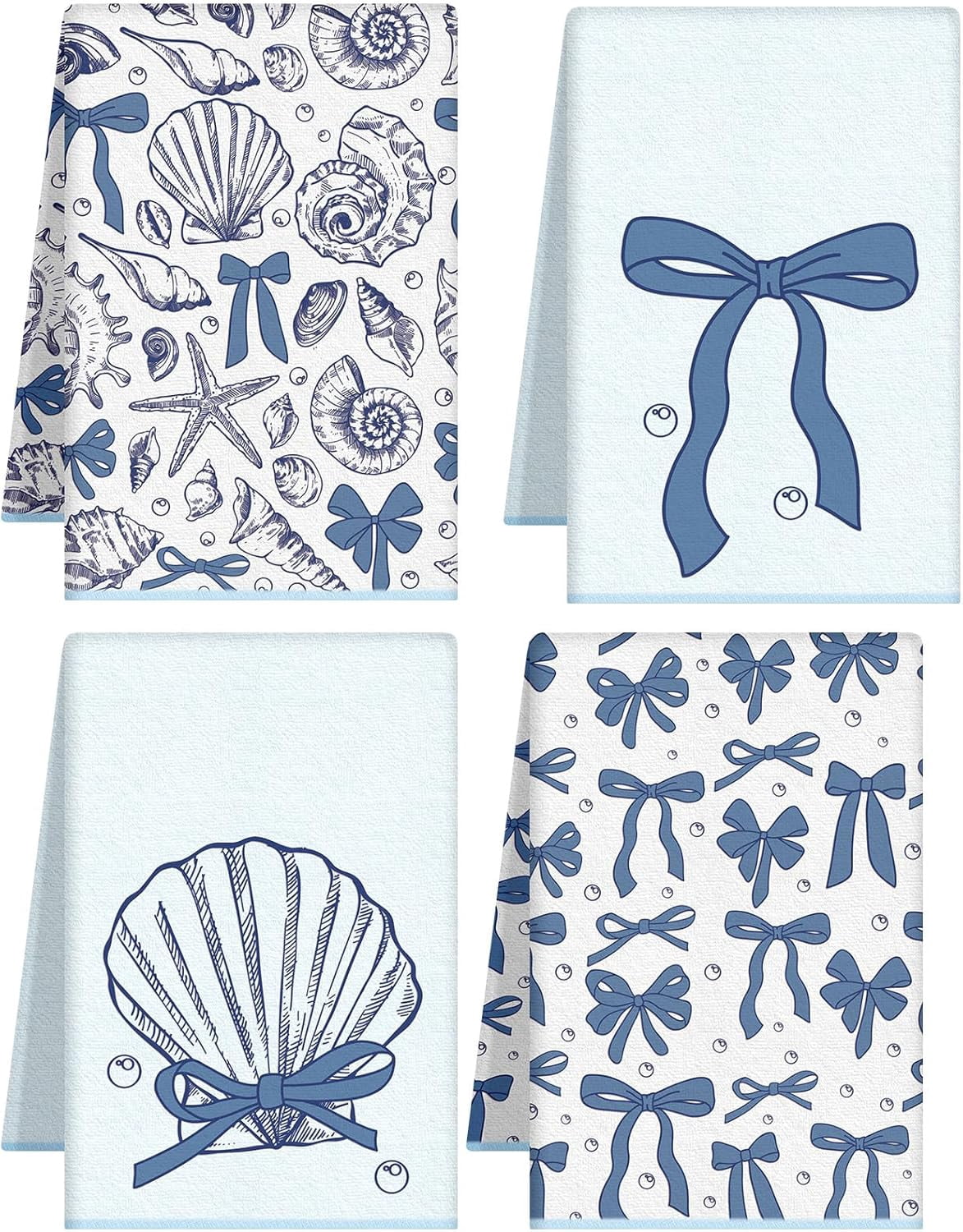 Set of 4 Seashell Bow Kitchen Towels Coquette Coastal Beach Dish Towels ...