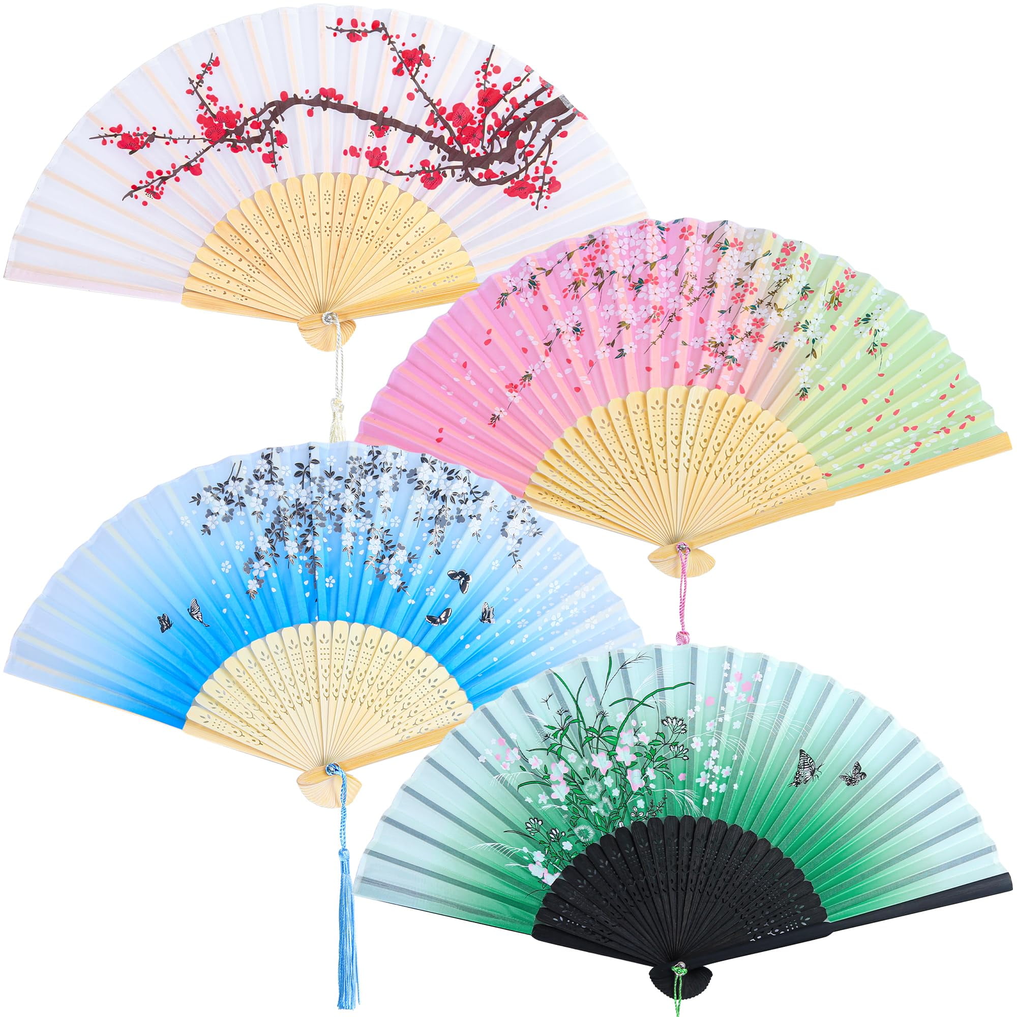 Set of 4 Silk Folding Fans, Portable Hand Fans with Tassels, Ideal for ...