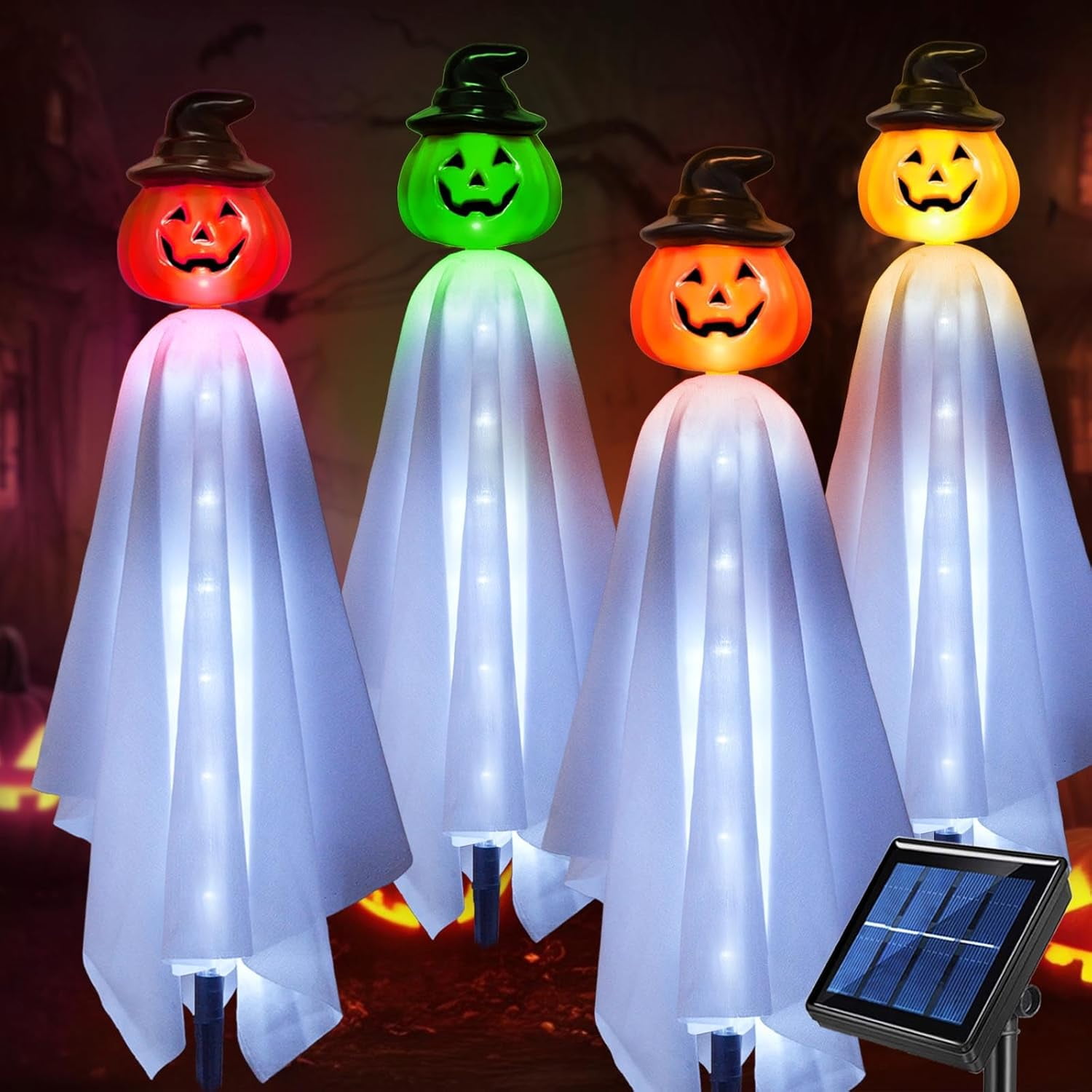 Set of 4 Solar Pumpkin Ghost Lights for Halloween Decorations Outdoor ...