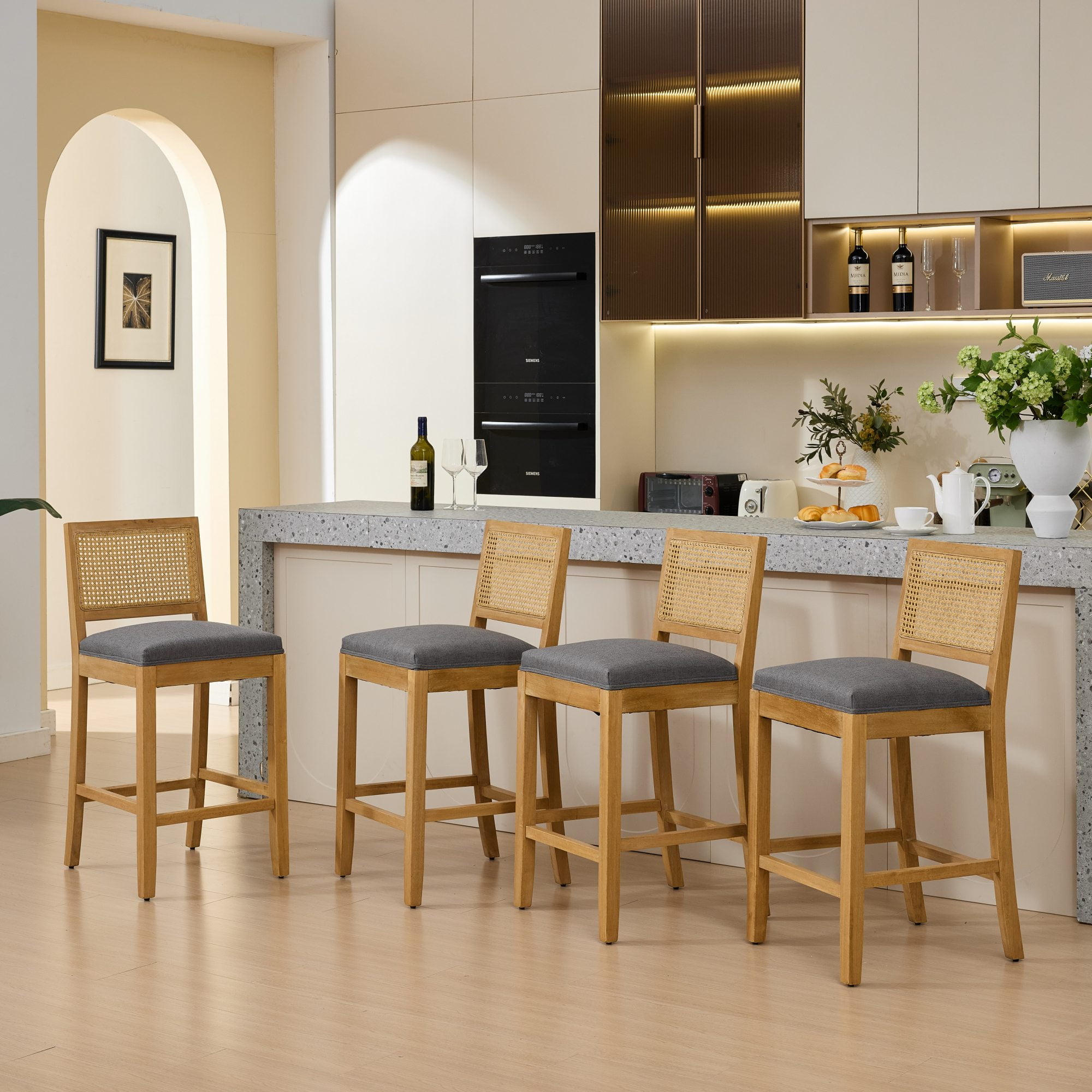 Set of 4 Solid Wood Rattan-Back Bar Stool, Matte Linen Cushion with ...