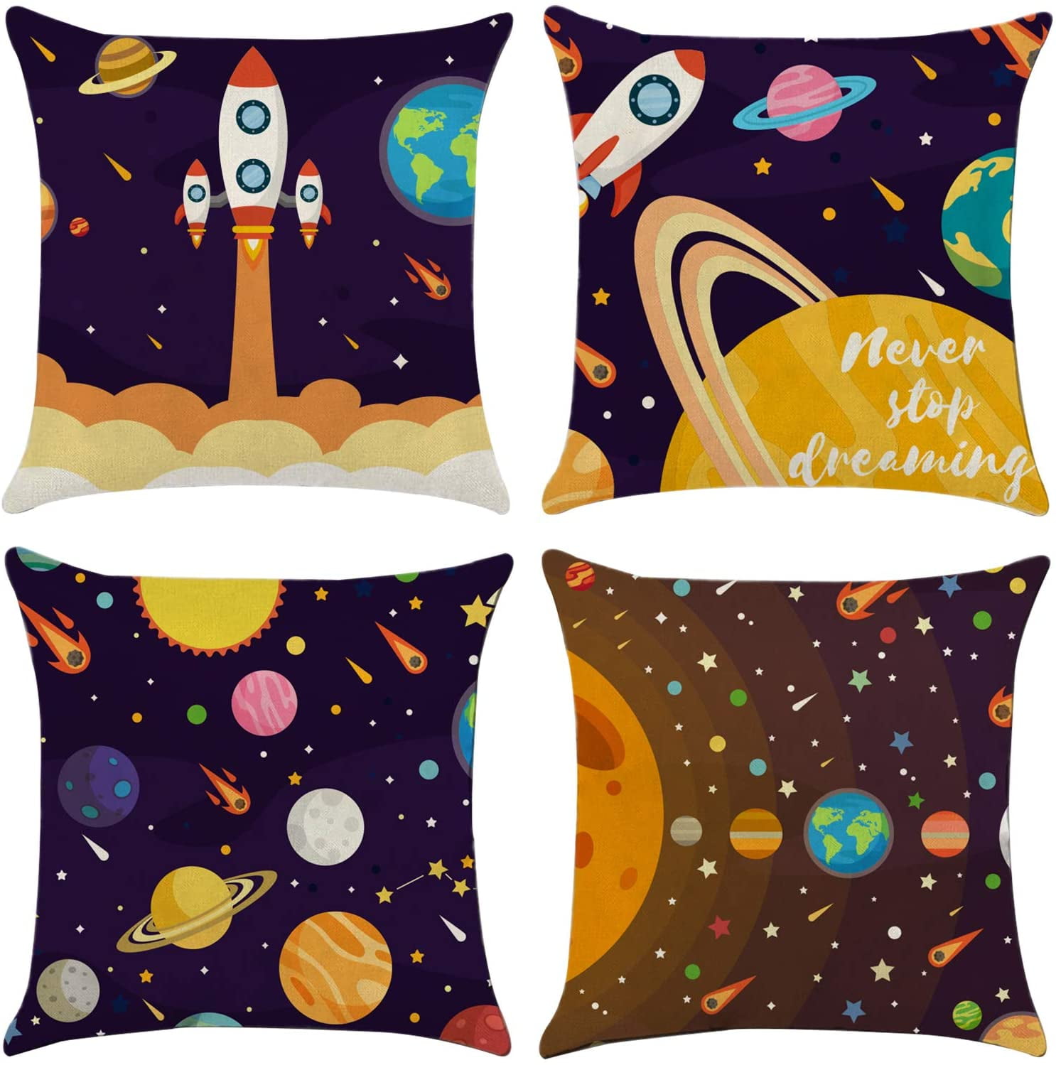 Set of 4 Space Planet Pillow Covers 18 x 18 Inch Solar System Universe ...