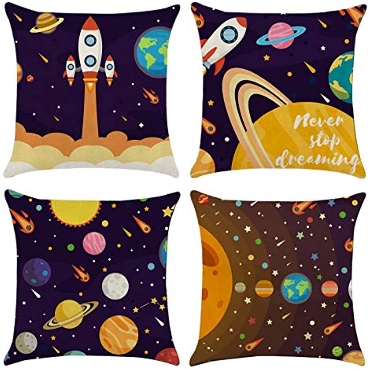Set of 4 Space Planet Pillow Covers 18 x 18 Inch Solar System Universe ...
