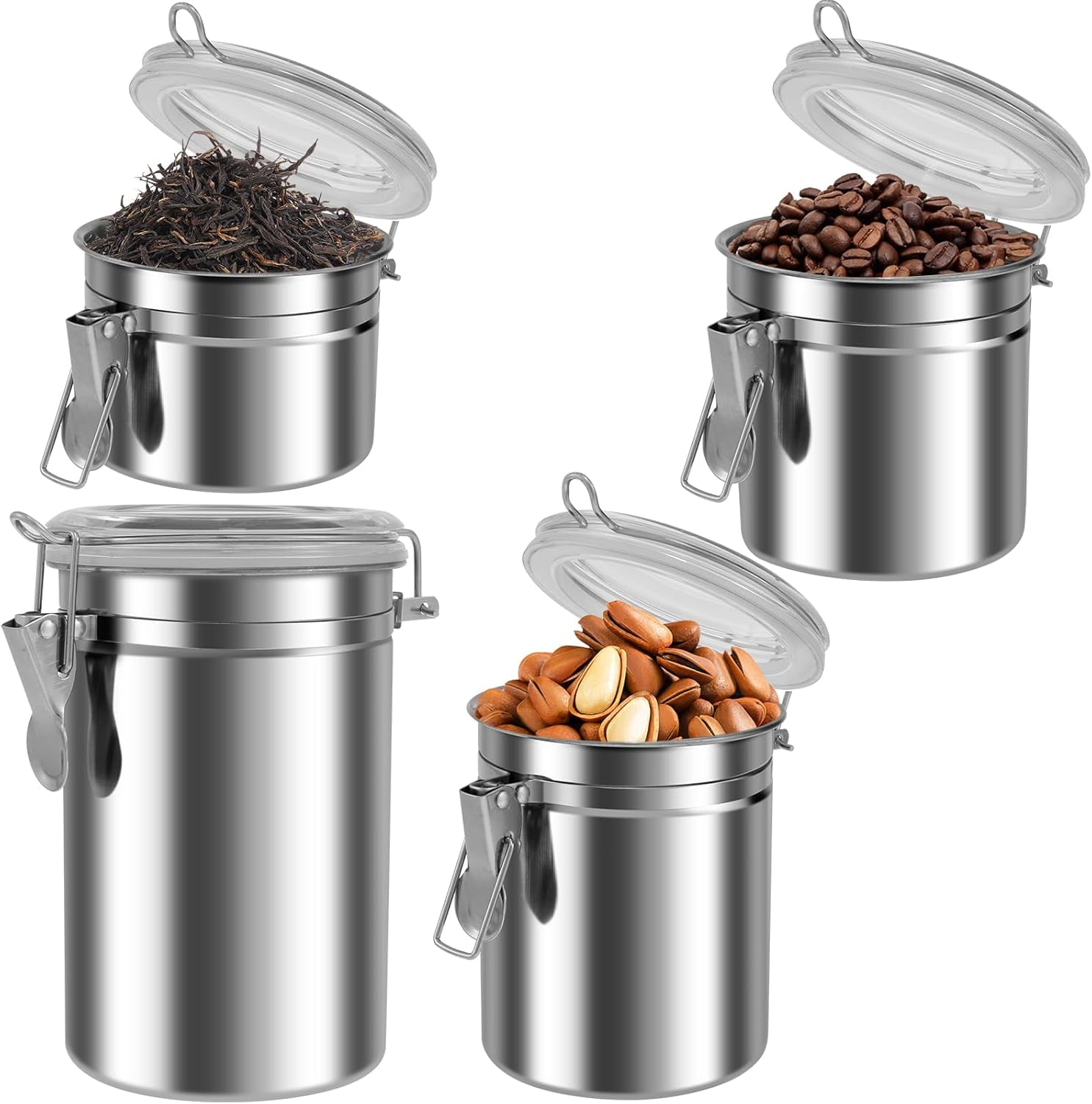 Set of 4 Stainless Steel Kitchen Canisters,Practical Canister Set with ...