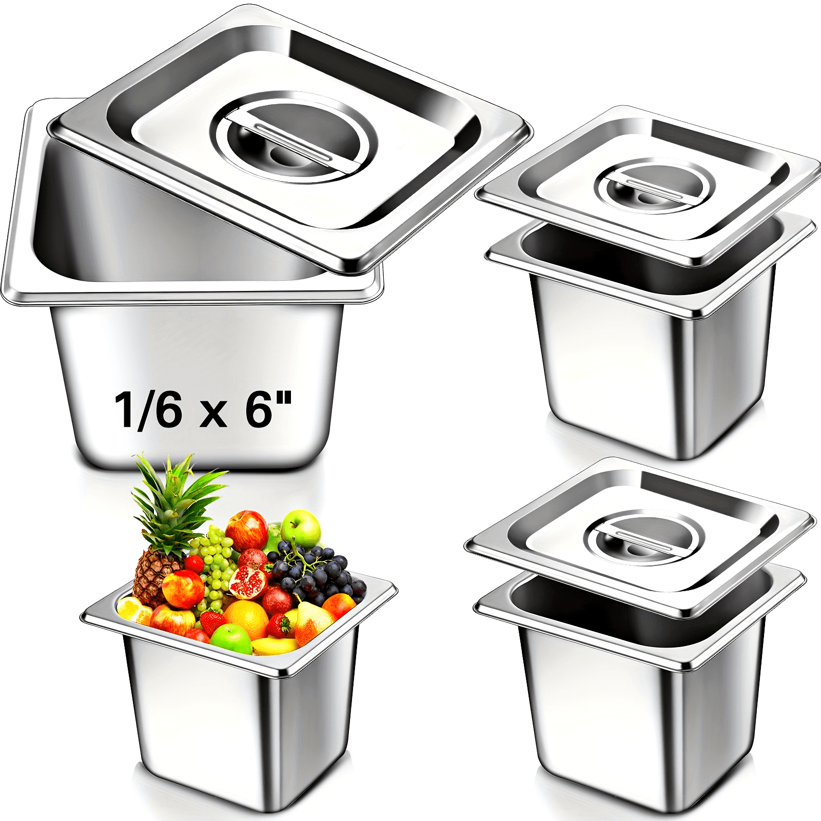 Set Of 4 Stainless Steel Steam Hotel Pots With Covers, 1/6 Size X 6 ...