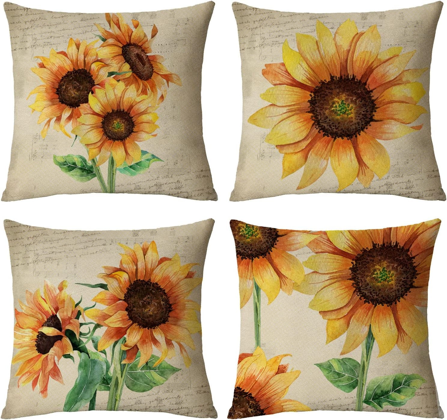 Set of 4 Sunflower Decorative Throw Pillow Covers 12x12 Inch Plant ...