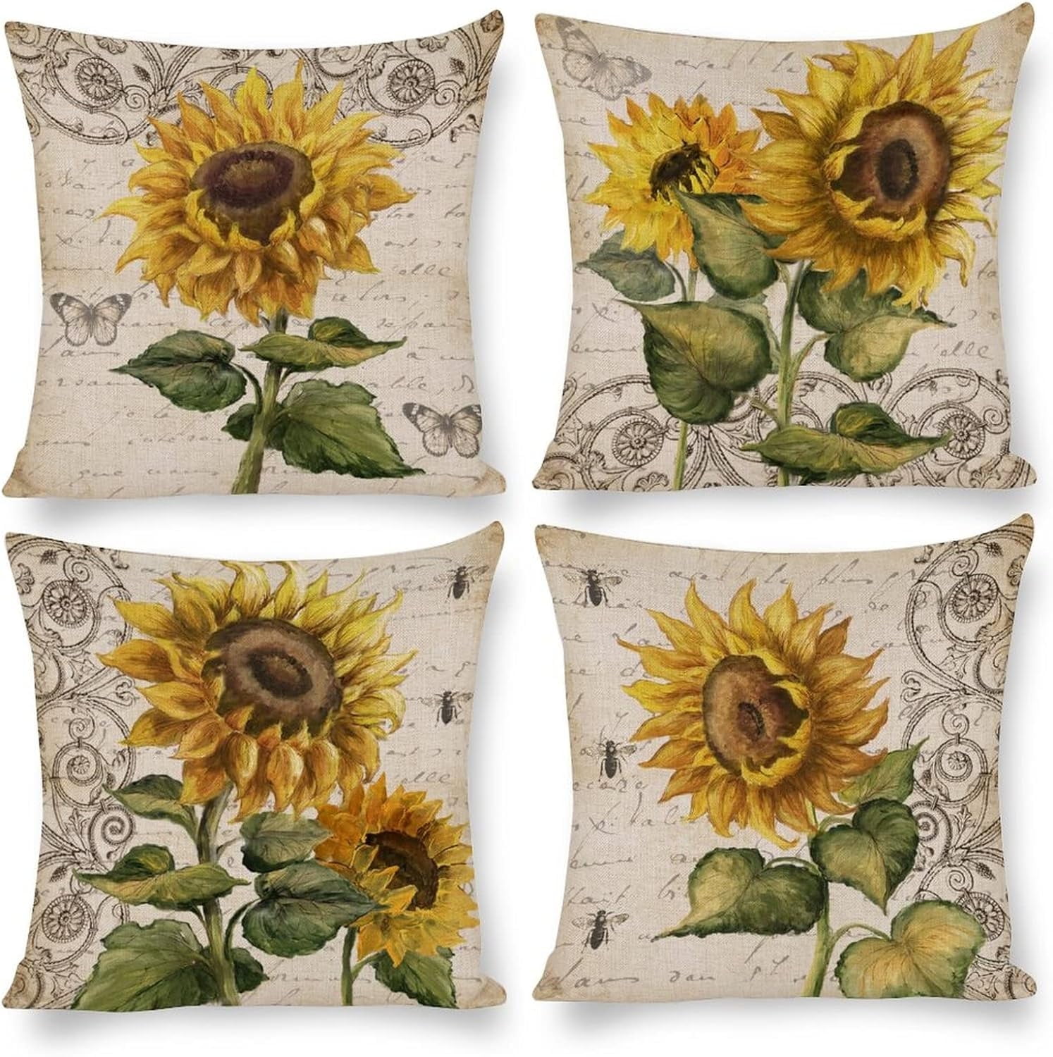 Set of 4 Sunflower Outdoor Decorative Throw Pillow Covers 18x18 Inch ...