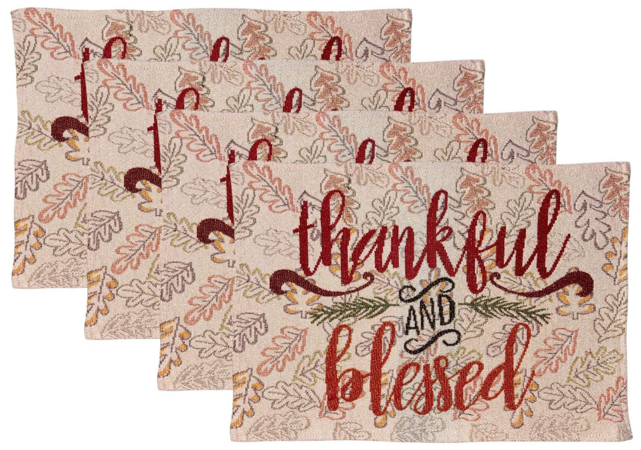 Set of 4, Thankful Blessed with Leaf Tapestry Placemats for Autumn ...