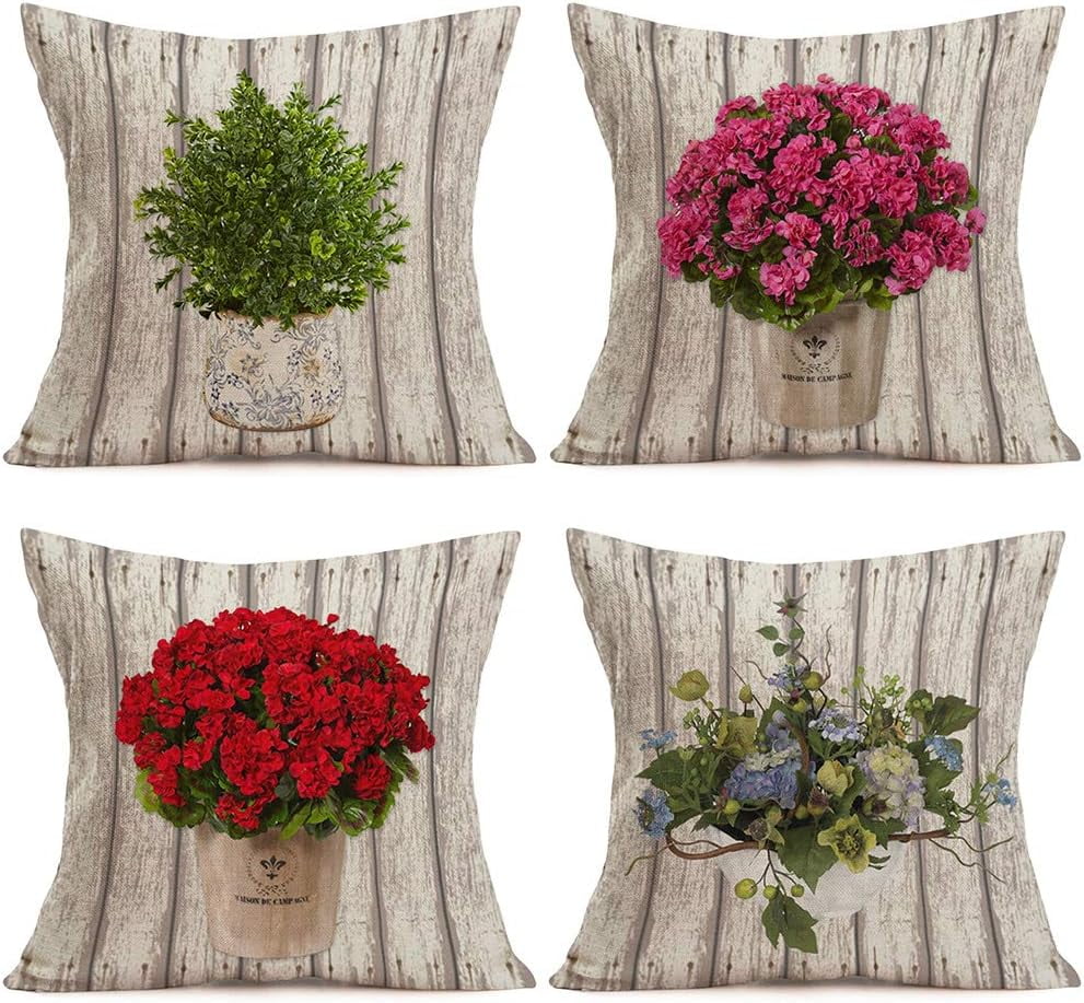 Set of 4 Throw Pillow Covers Plant Floral Pot Boxwood Hydrangea ...