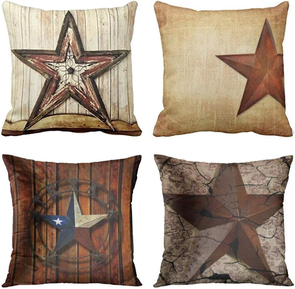 Set of 4 Throw Pillow Covers Rustic Country Western Star Barn Wooden ...