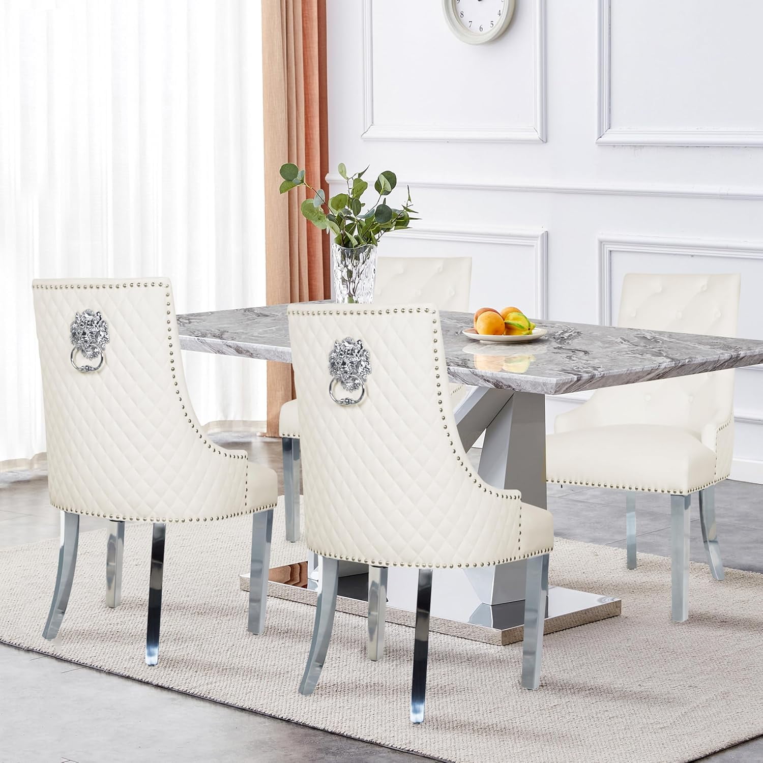 Set of 4 Velvet Dining Chairs with Tufted Buttons, Lion Head Pull Ring ...