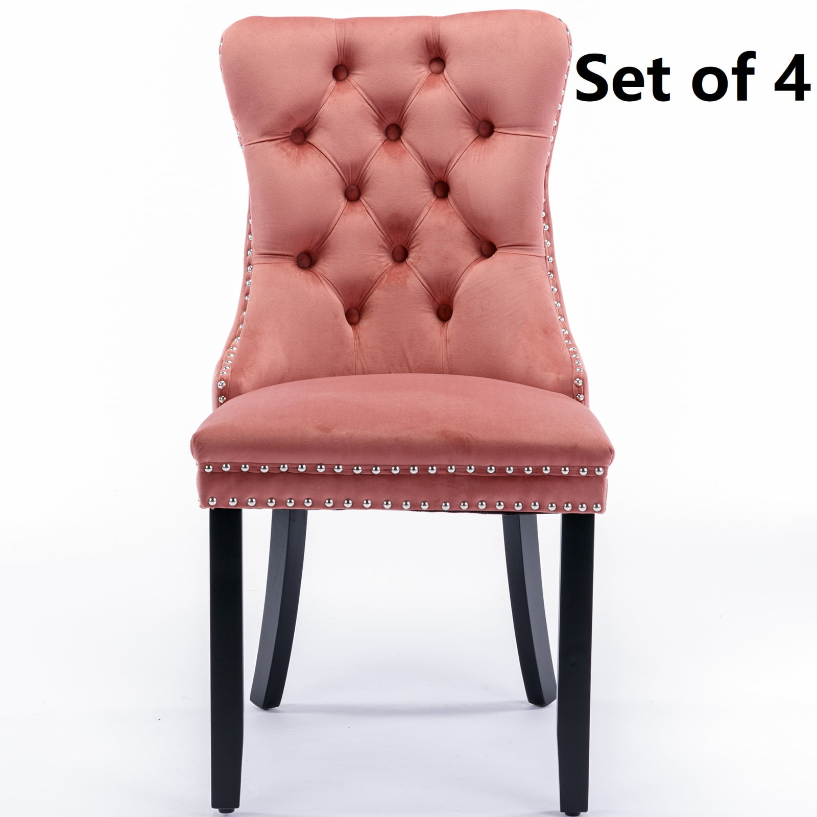 Set of 4 Velvet Fabric Dining Chairs Luxury Tufted Back with Nailed ...