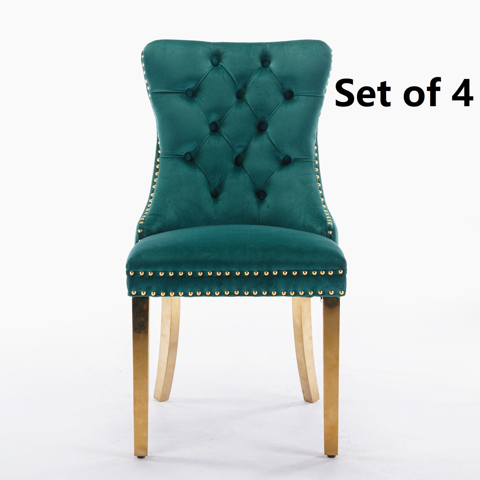 Set of 4 Velvet Fabric Dining Chairs with Tufted Back, Nailed Trim ...