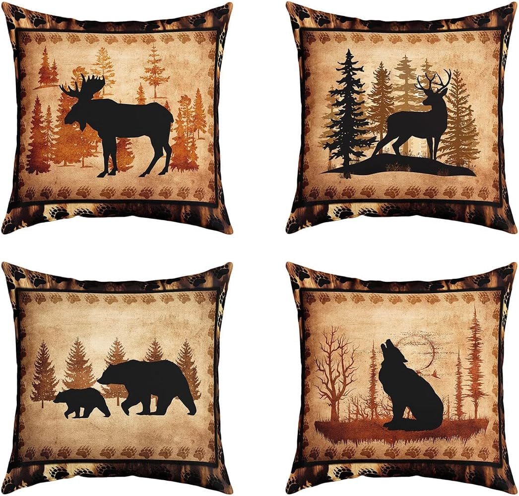 Set of 4 Vintage Bear Throw Pillow Covers,Cabin Deer Hunting Cushion ...