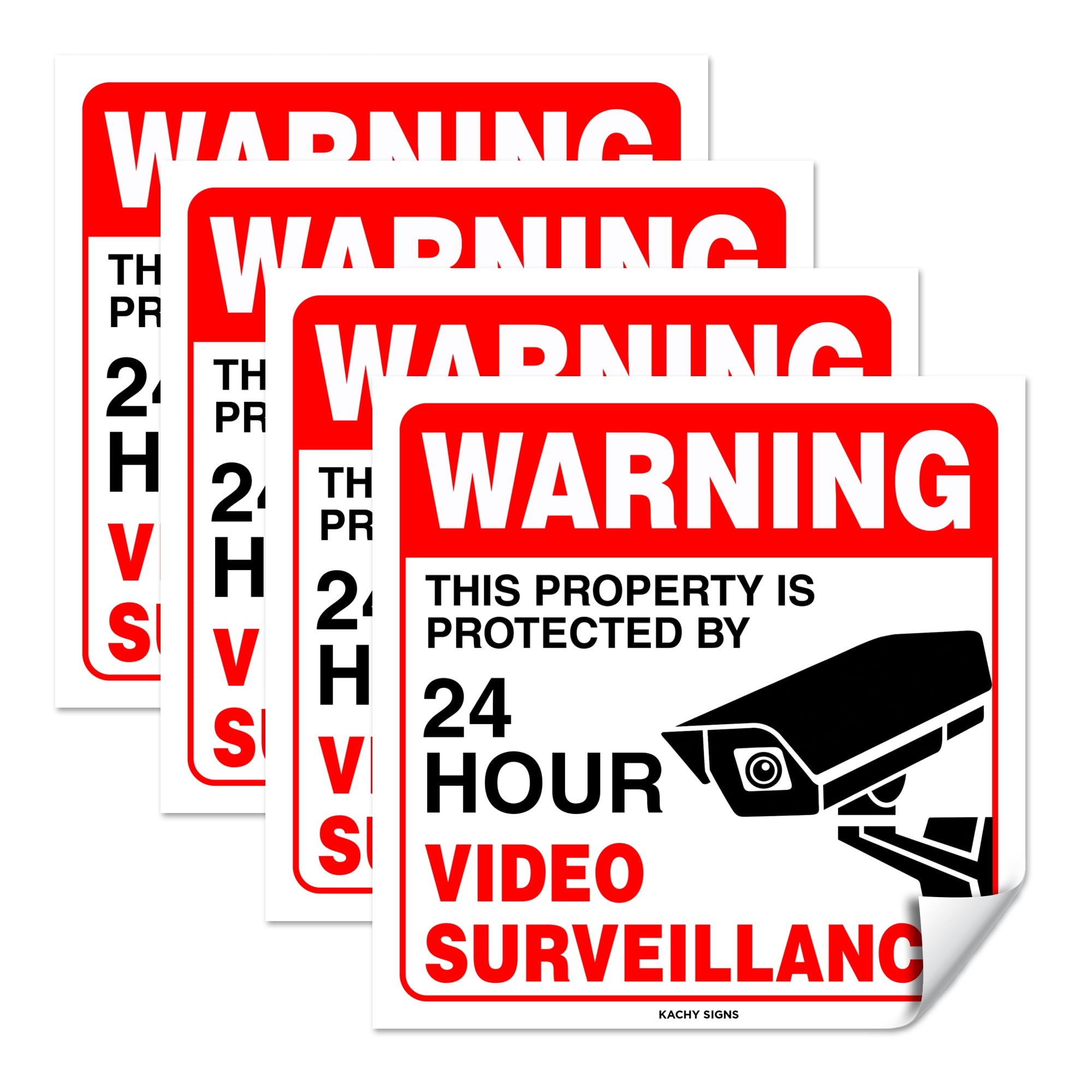 (Set of 4) Warning 24 HR Video Surveillance Sticker Sign - 6" x 6 ...