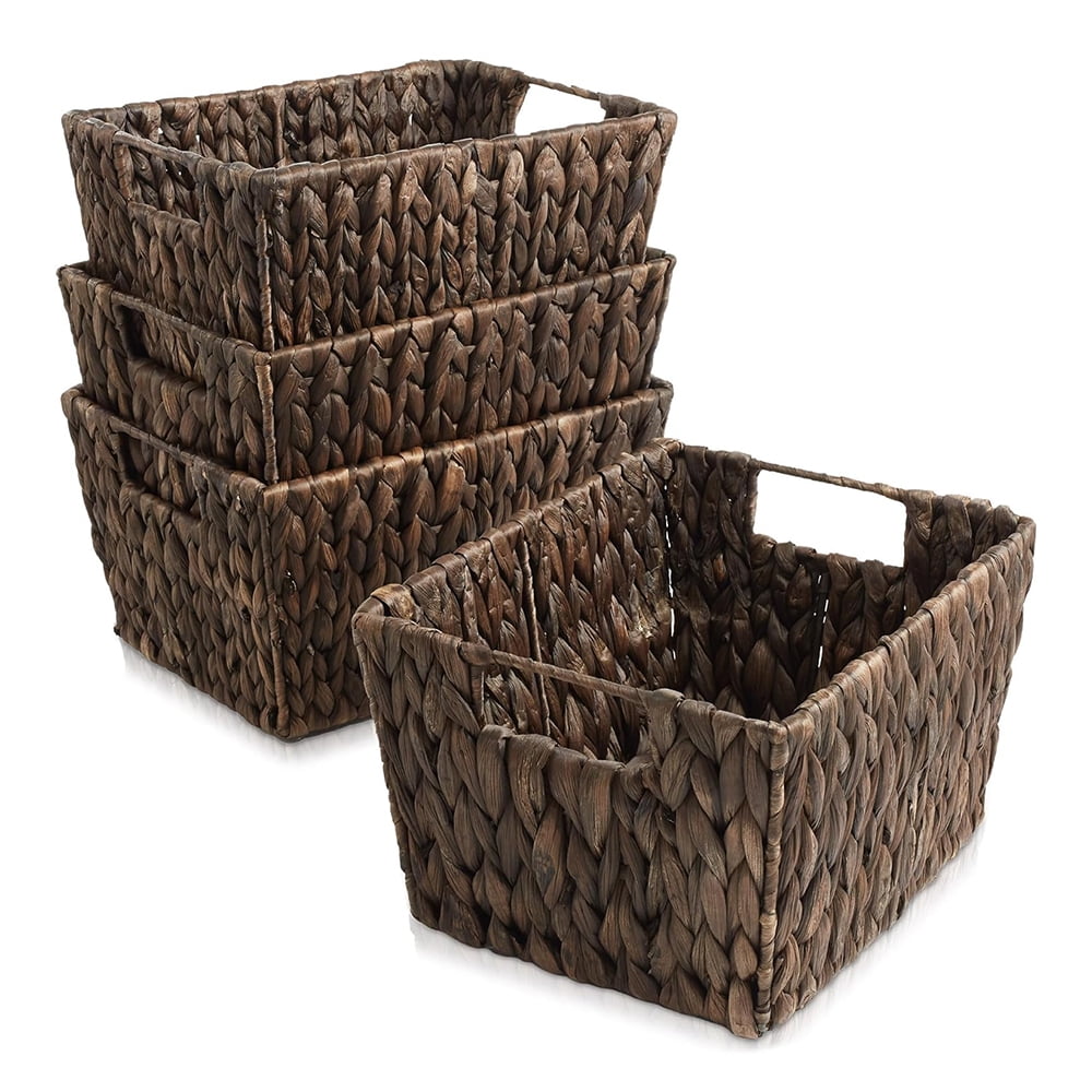 Set of 4 Water Hyacinth Storage Baskets with Handles - Espresso, Woven ...