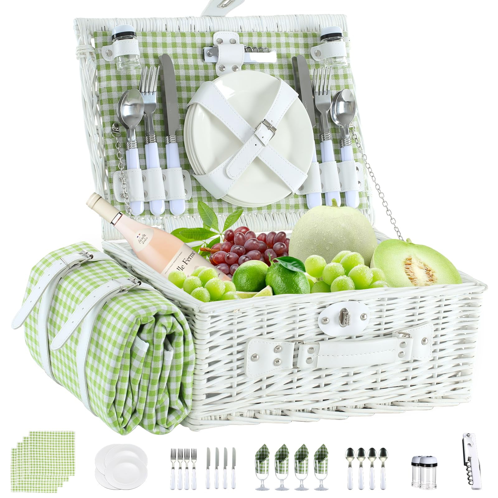 Set for 4 with Waterproof Picnic Blanket and Insulated Cooler, Large ...
