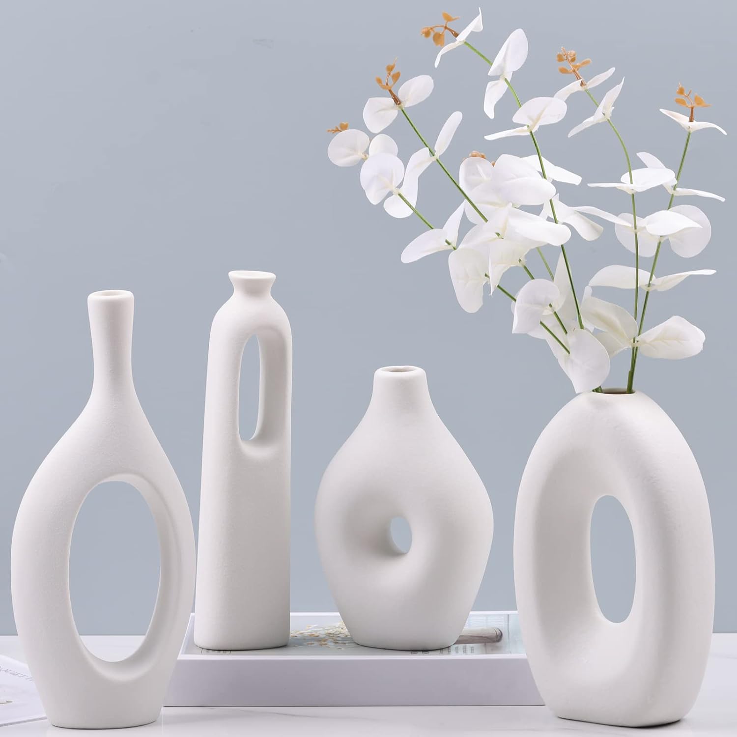 Set of 4 White Ceramic Vases - Modern Round Hollow Circle Design for ...