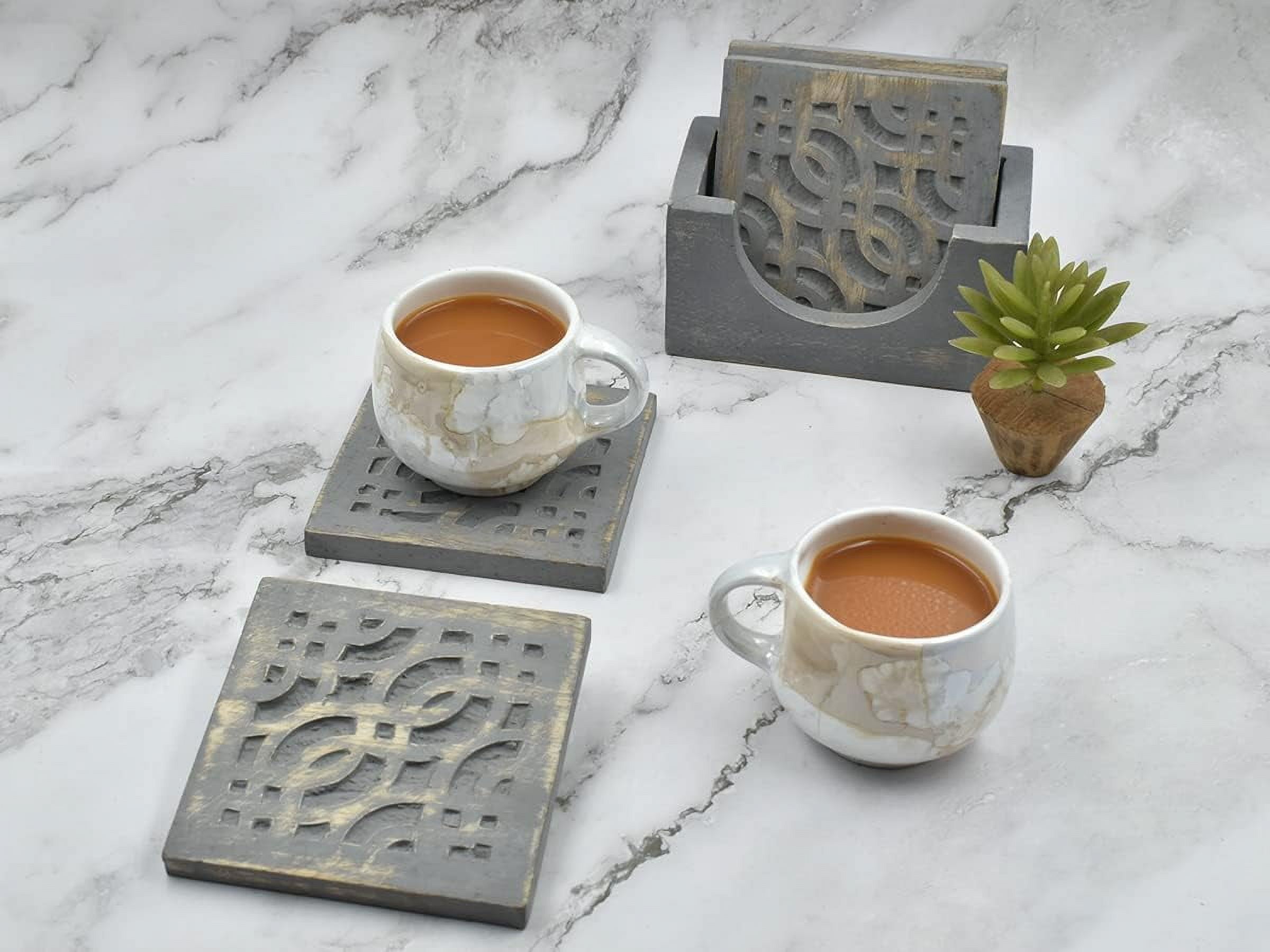 Set of 4 Wooden Square Coasters with Holder for Tea Coffee Beer Wine ...