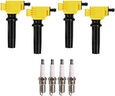 Set of 4 Yellow Ignition Coil Pack 4 Iridium Spark Plug 2.0L 2.3L Compatible with Ford Mustang ...