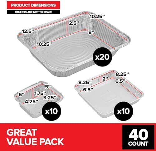 (Set of 40) Aluminum Pans Disposable, (20) 9x13, (10) 8x8, (10) 1-Lb ...