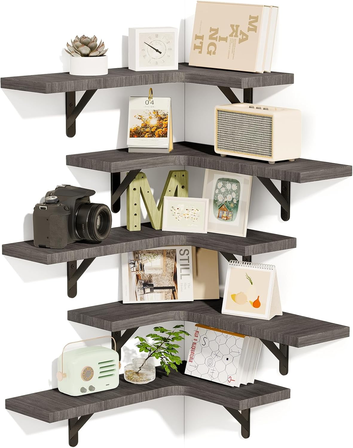 Set of 5 Corner Floating Shelves, Wall Mounted Corner Shelf with Rustic ...
