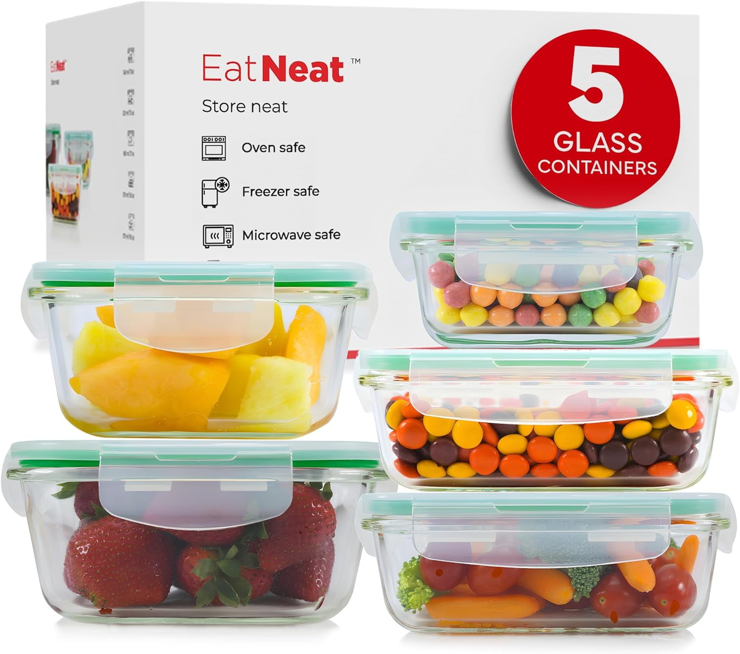 Set of 5 Glass Food Storage Containers with Airtight Snap Locking Lids ...