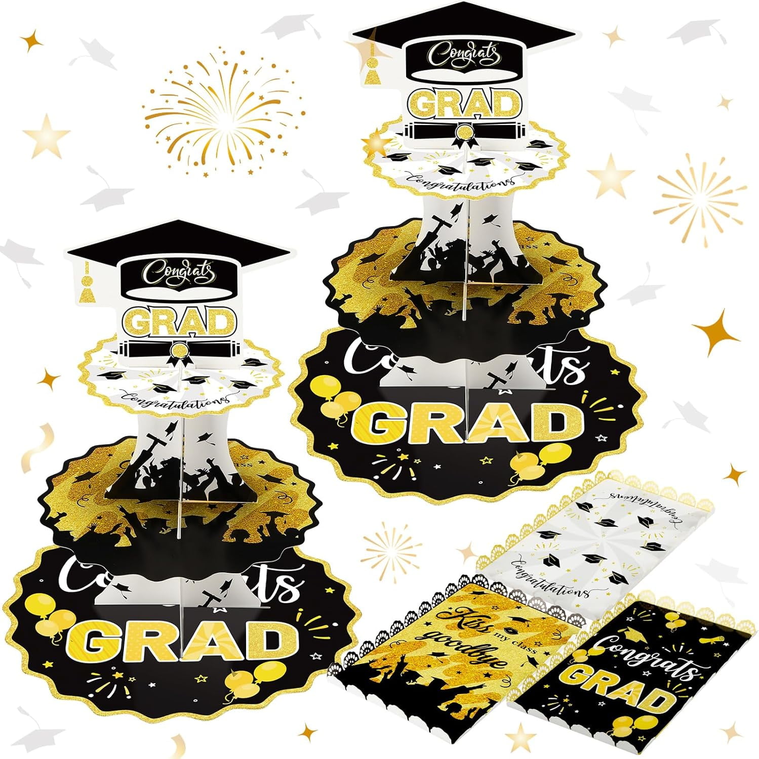 Set of 5 Graduation Cupcake Stand and Black Gold Serving Platters and ...