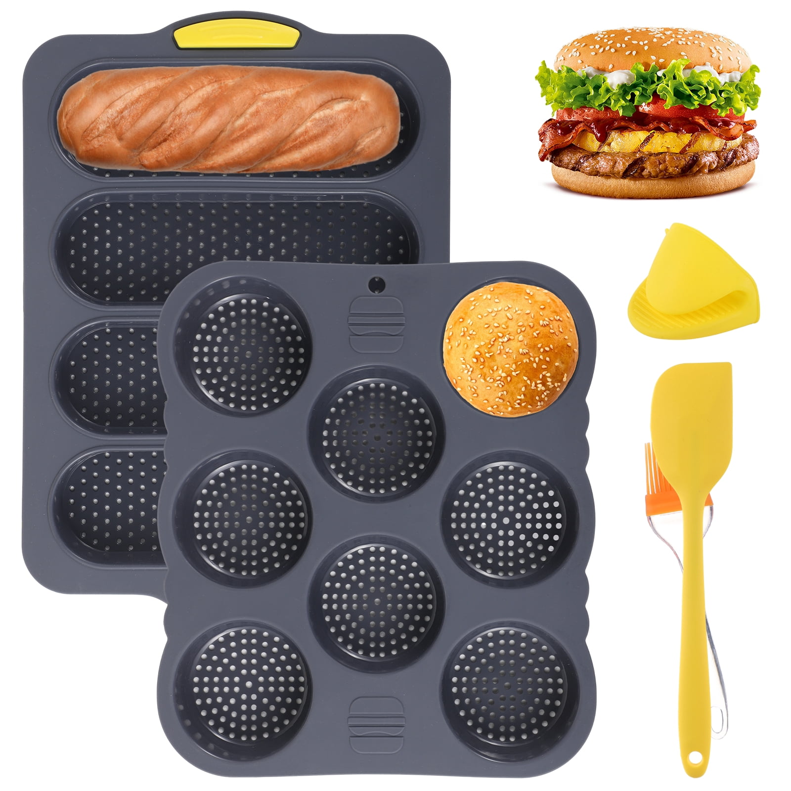 Set of 5 Hamburger Bun Molds, 4/8-Cup Silicone Burger Bun Pans with ...