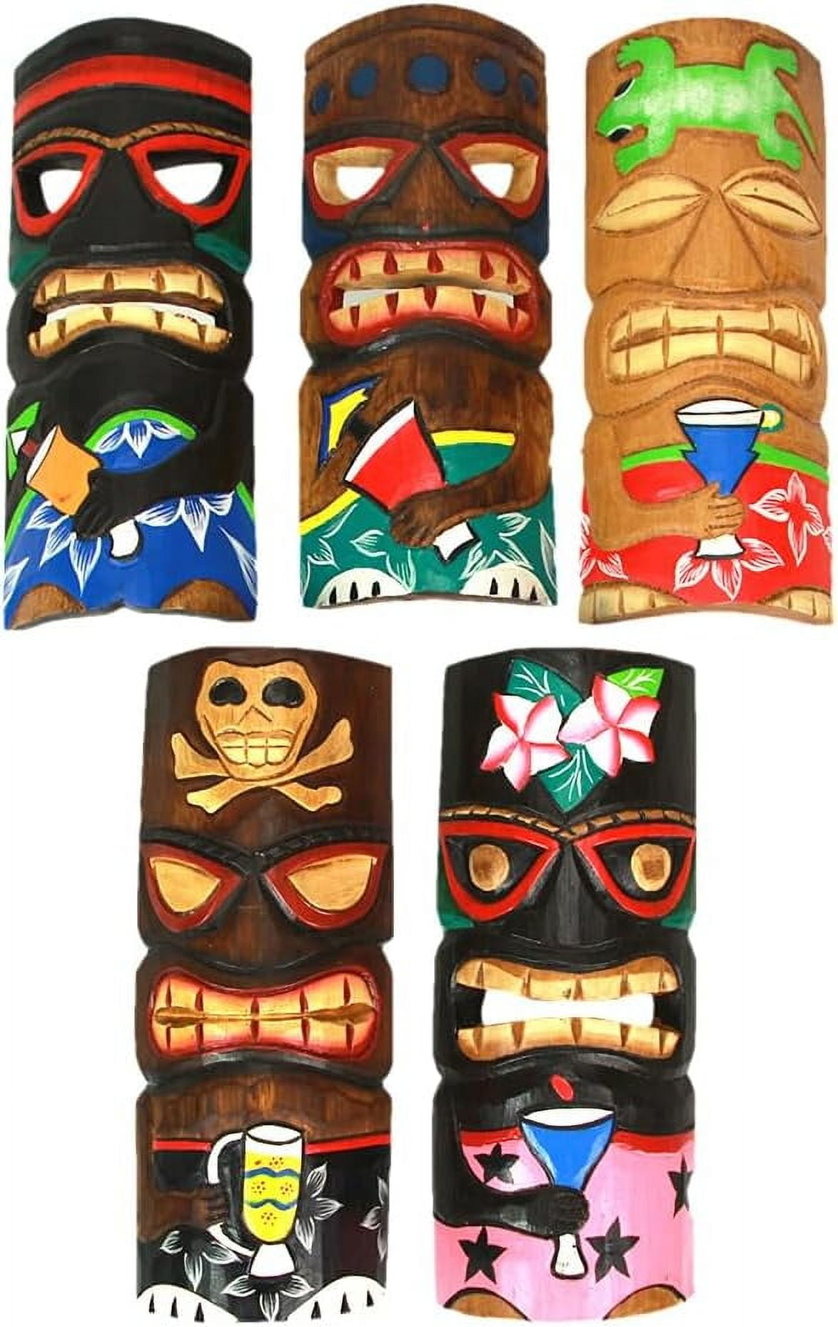 Set of 5 Hand-Carved Polynesian Style Wooden Wall Masks - 12-Inch Tall ...