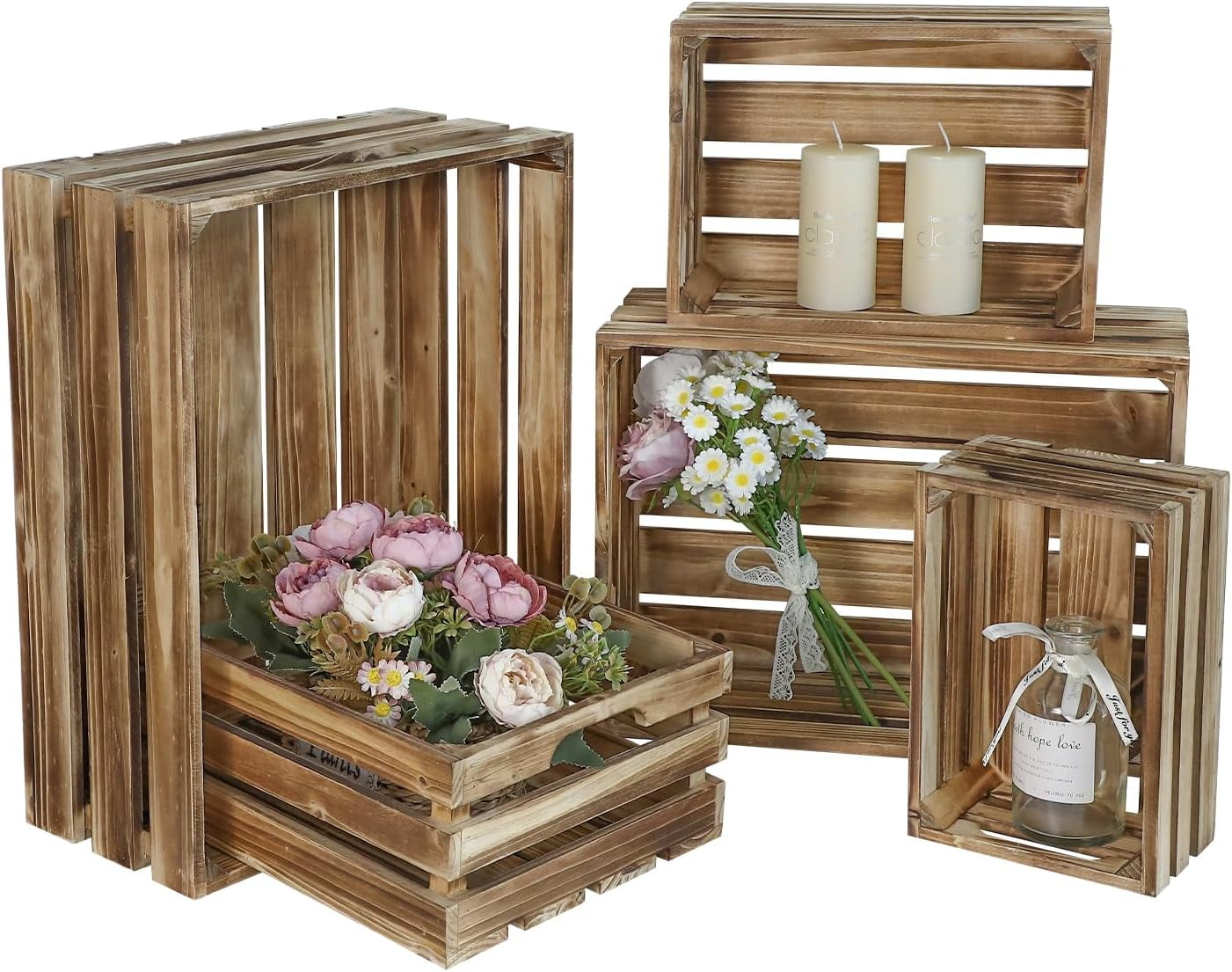 Set of 5 Large Wooden Crates, Nesting Storage Crate with Handles ...