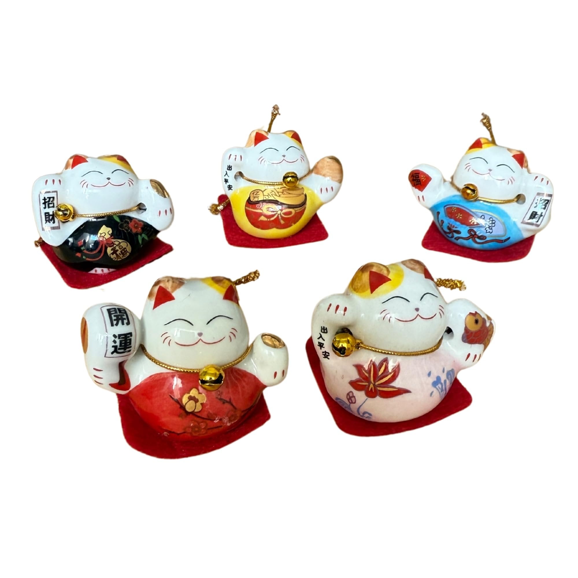 Set of 5 Mini Maneki Neko Lucky Cat Figurines for Prosperity & Fortune Kawaii Japanese Smiley ...