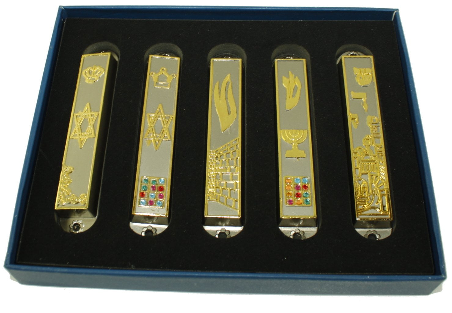 A Set of 5 Pewter Clean and Smooth Cut and Gold Plated Mezuzahs Symbols ...