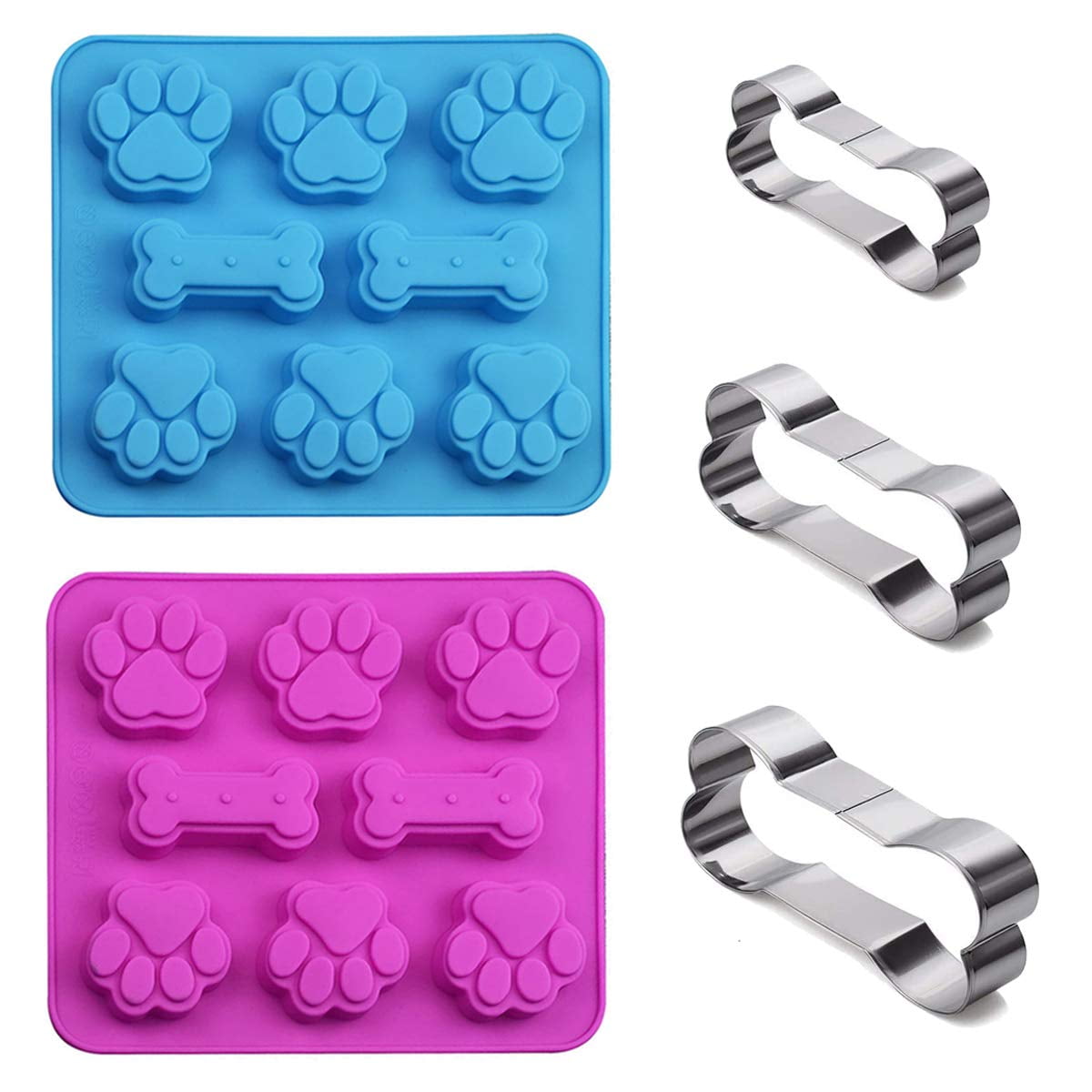Set Of 5, Silicone Molds Puppy Dog Paw & Bone Shaped 2 In 1 And ...