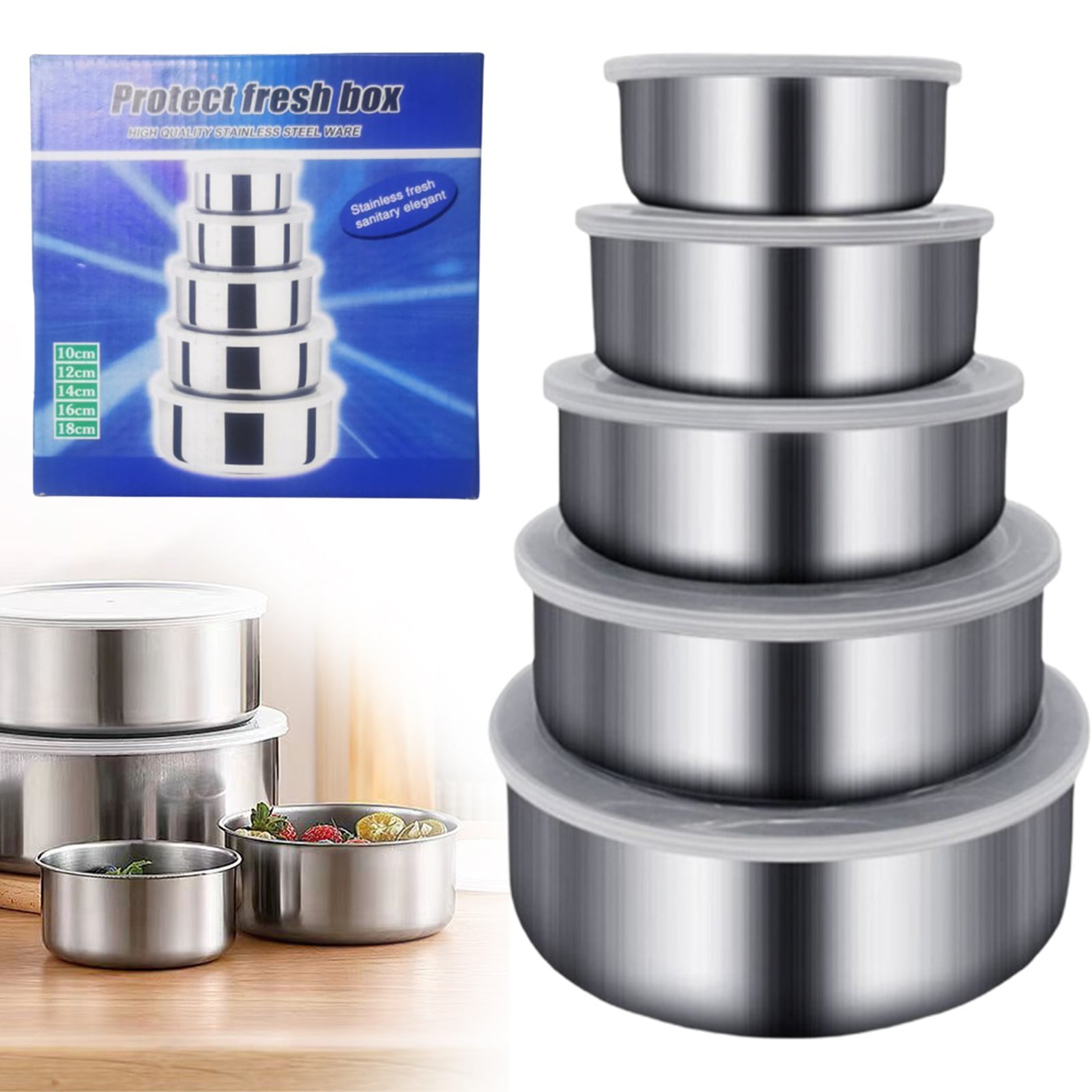 Set Of 5 Stainless Steel Mixing Bowls With Lids Airtight Food Storage ...