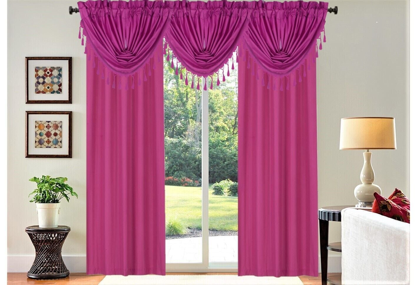 Set of 5 piece 2 panels R64 and 3 matching waterfall valances HOT PINK ...