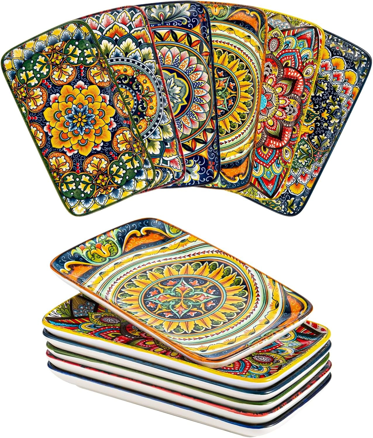 Set of 6 8-Inch Bohemian-Style Porcelain Dessert Plates – Rectangular ...