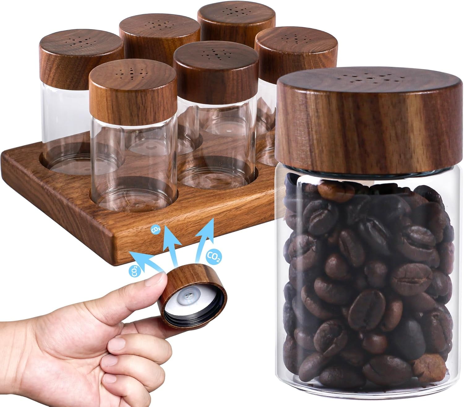 Set of 6 Airtight Coffee Bean Storage Tubes with Wooden Stand - Single ...