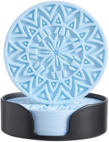 Set of 6 Baby Blue Silicone Coasters with Holder, Drink Coasters with ...