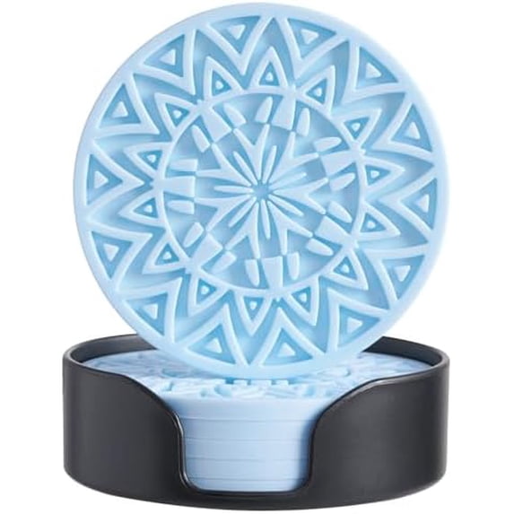 Set of 6 Baby Blue Silicone Coasters with Holder, Drink Coasters with ...