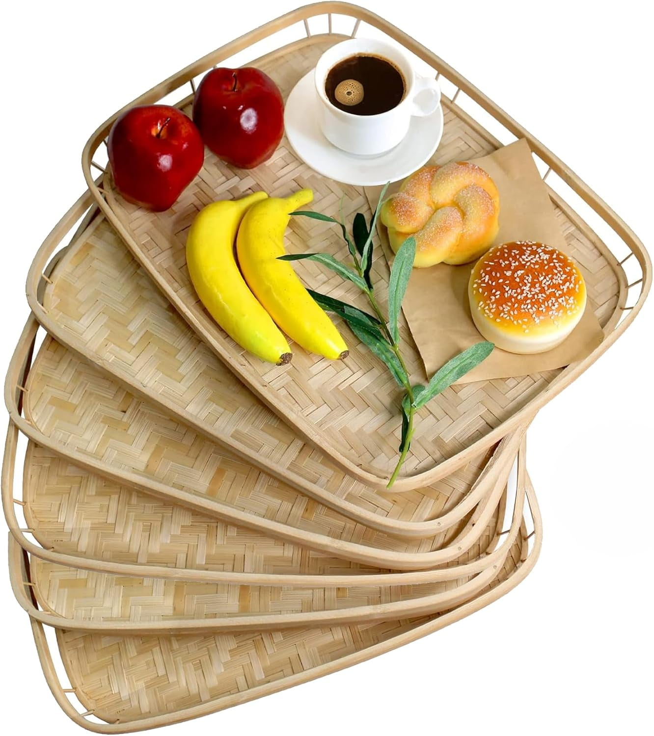 Set of 6 Bamboo Wicker Serving Trays for Foods and Drinks, Rectangular ...
