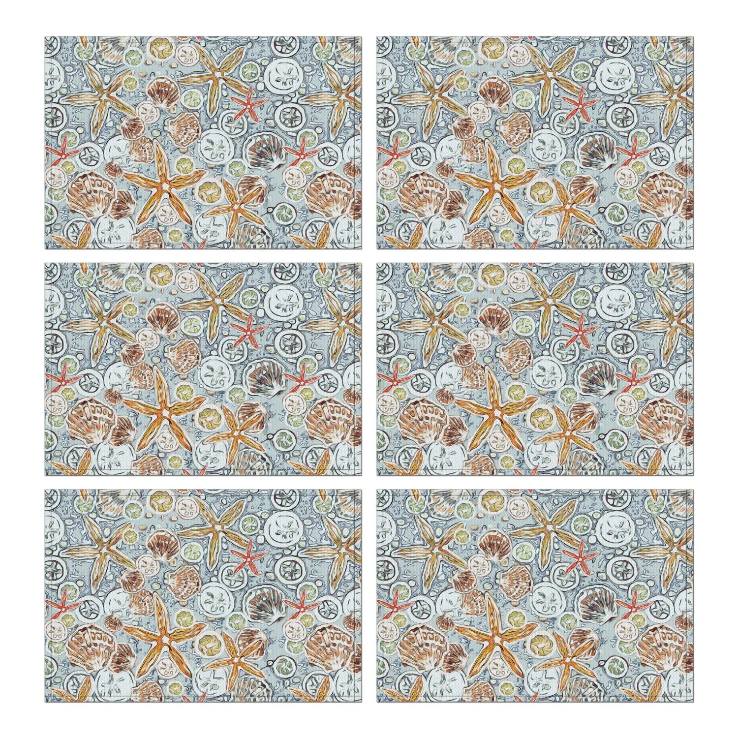 Set of 6 Beach Table Mats with Nautical Ocean Coral Pattern, Flax Heat ...