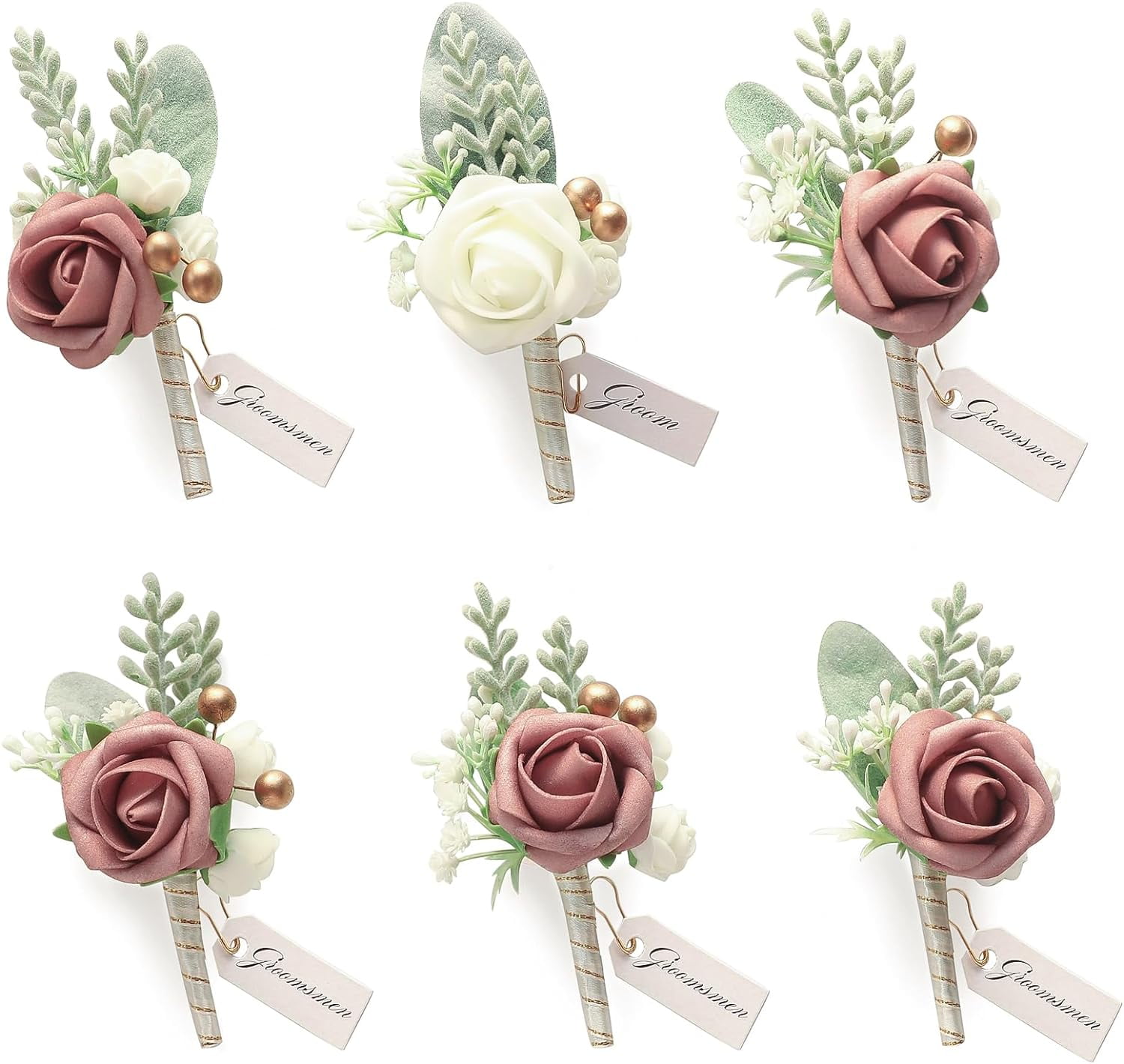 Set of 6 Burgundy & Ivory Foam Rose Boutonnieres with Pins for Men ...