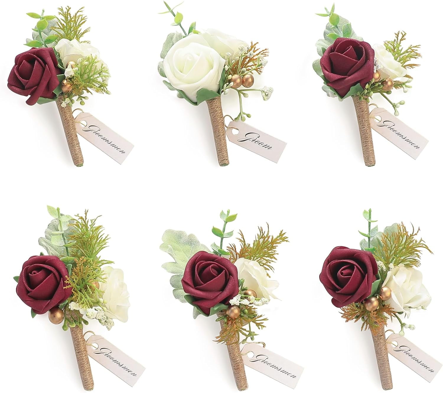 Set of 6 Burgundy & Ivory Foam Rose Boutonnieres with Pins for Men ...