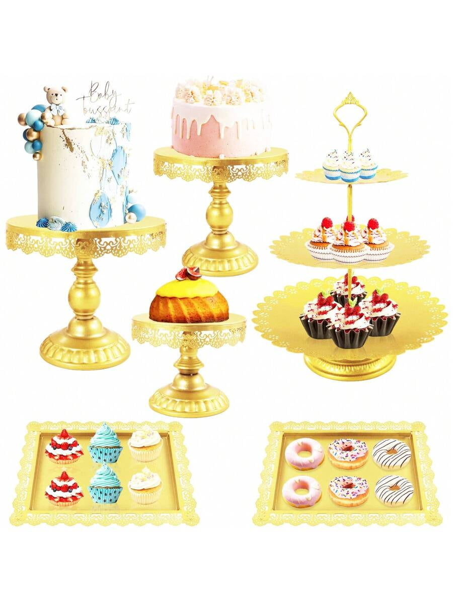Set Of 6 Cake Stand Gold Metal Dessert Table Display 3-Tier Cupcake ...