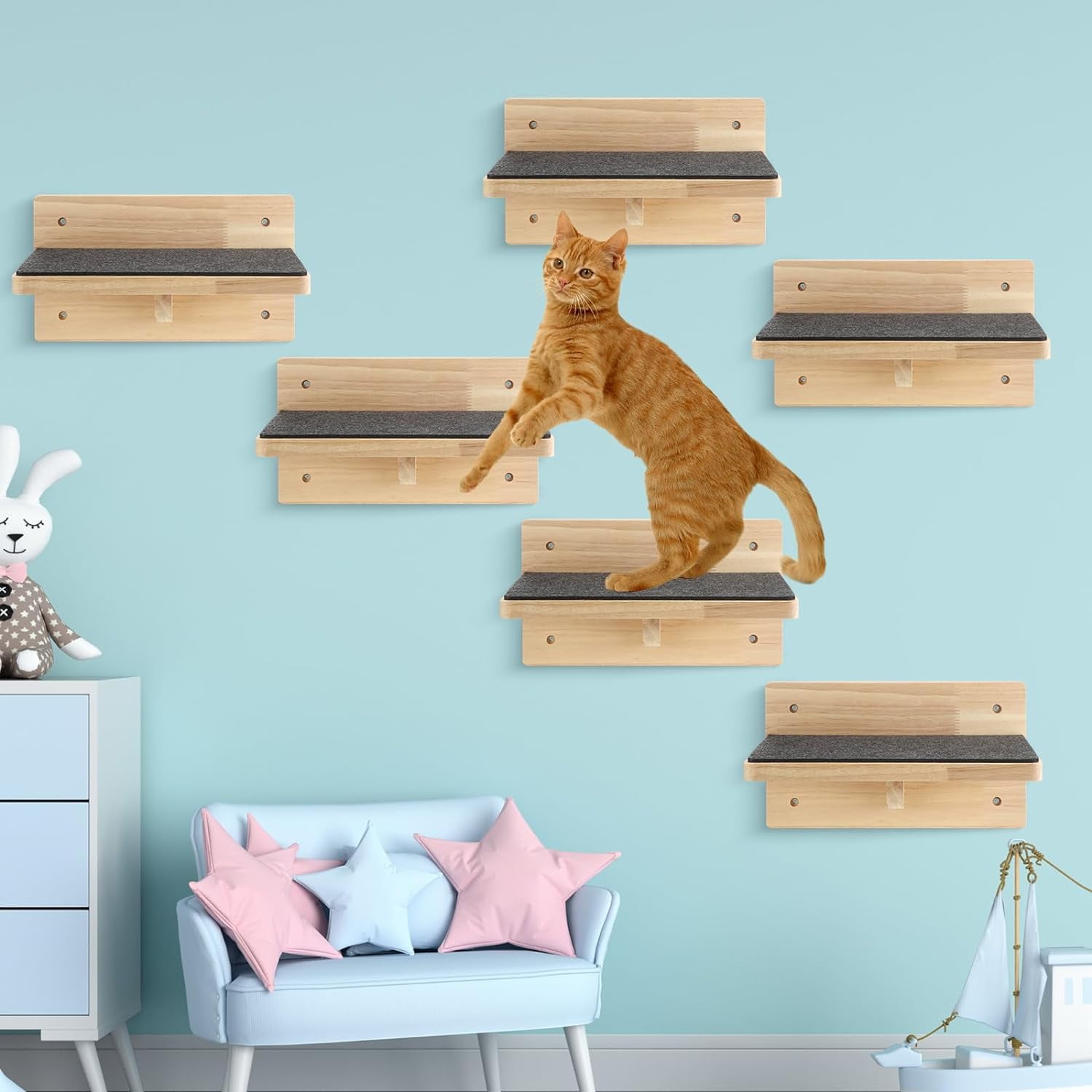 Set of 6 Cat Wall Steps Shelf Shelves Wood Cat Climbing Shelves for Cat ...
