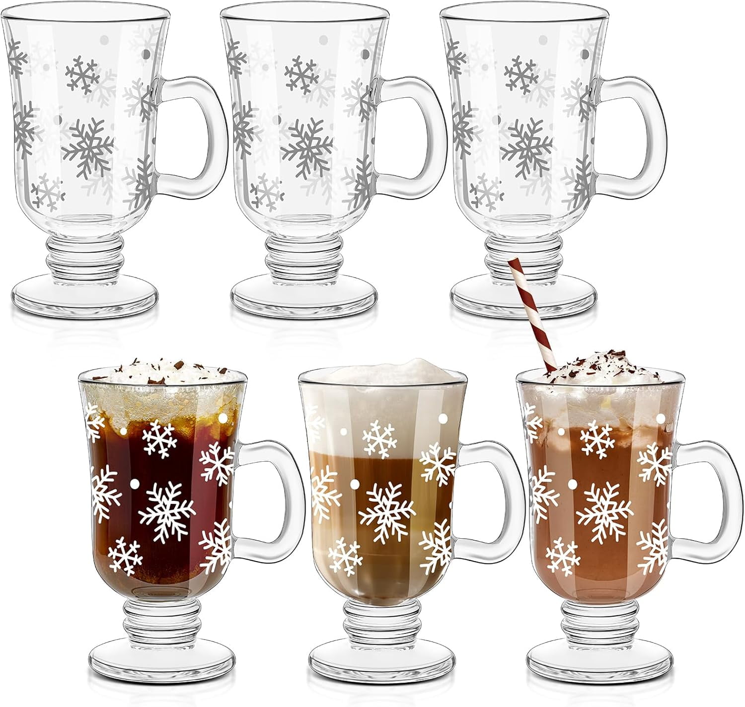 Set of 6 Christmas Snowflake Glass Coffee Mugs with Handle, 8 Oz Clear ...