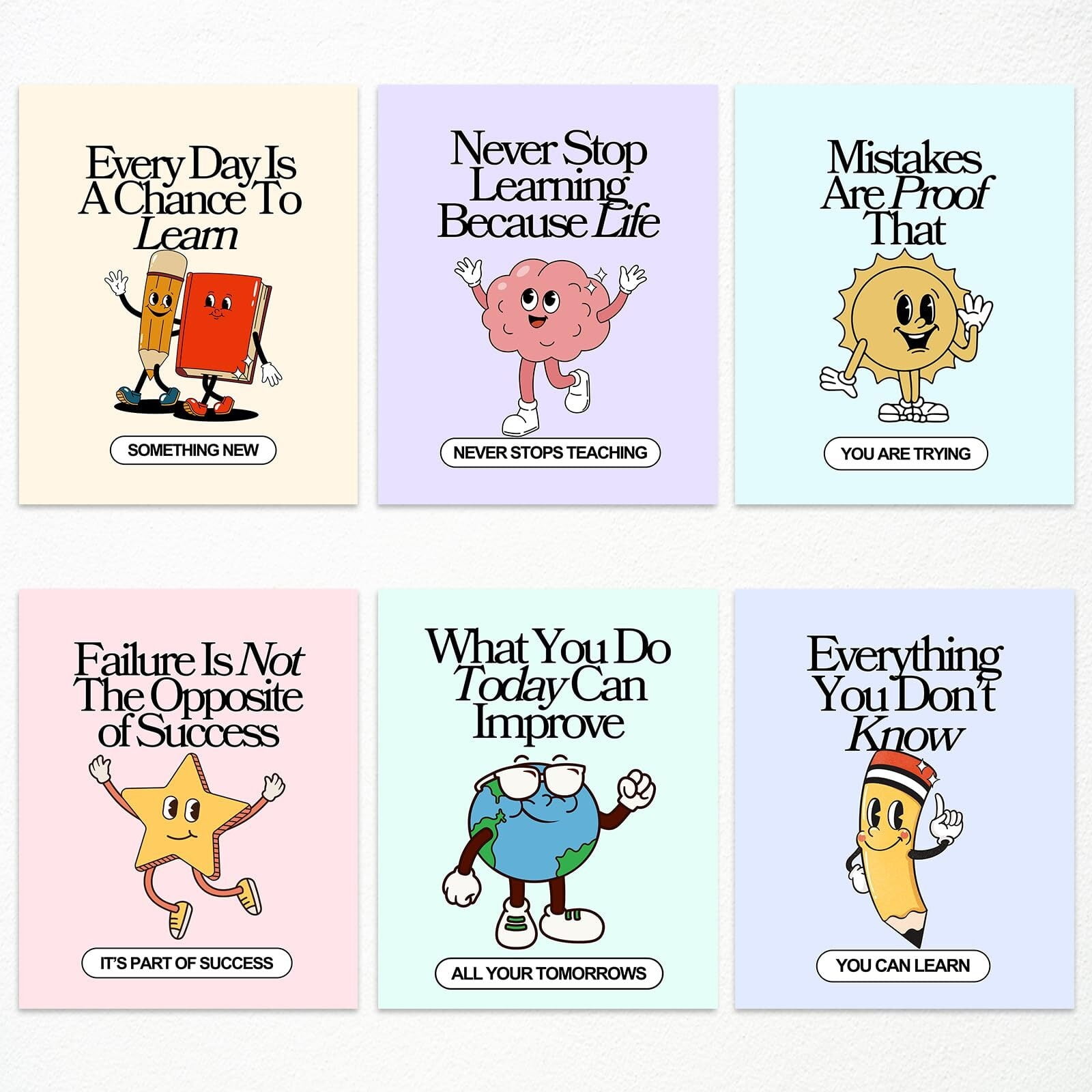 Set of 6 Colorful Growth Mindset Posters, Retro Inspirational Classroom ...